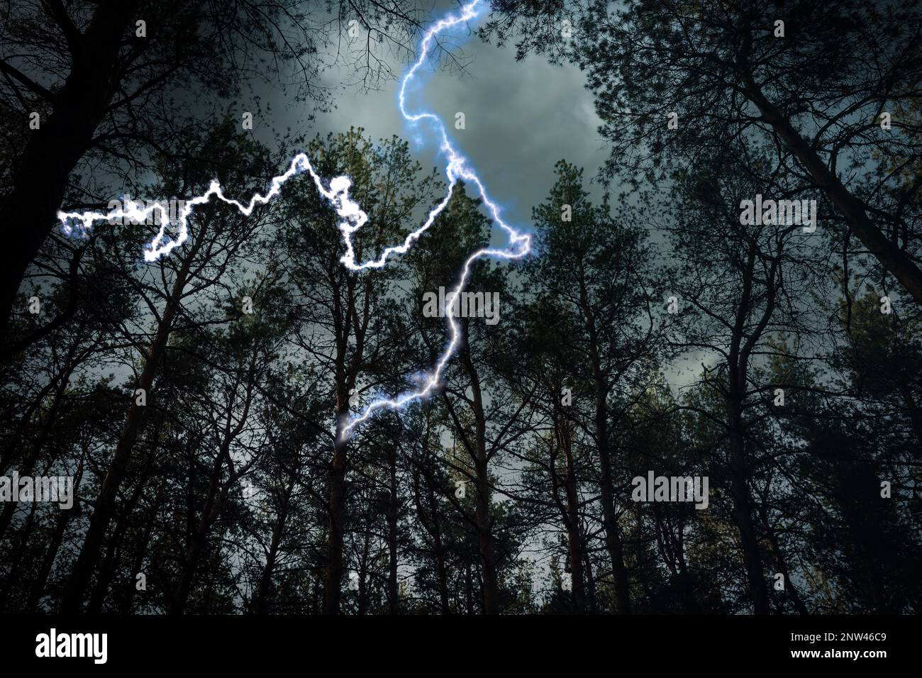 Dark cloudy sky with lightning striking trees. Thunderstorm Stock Photo ...