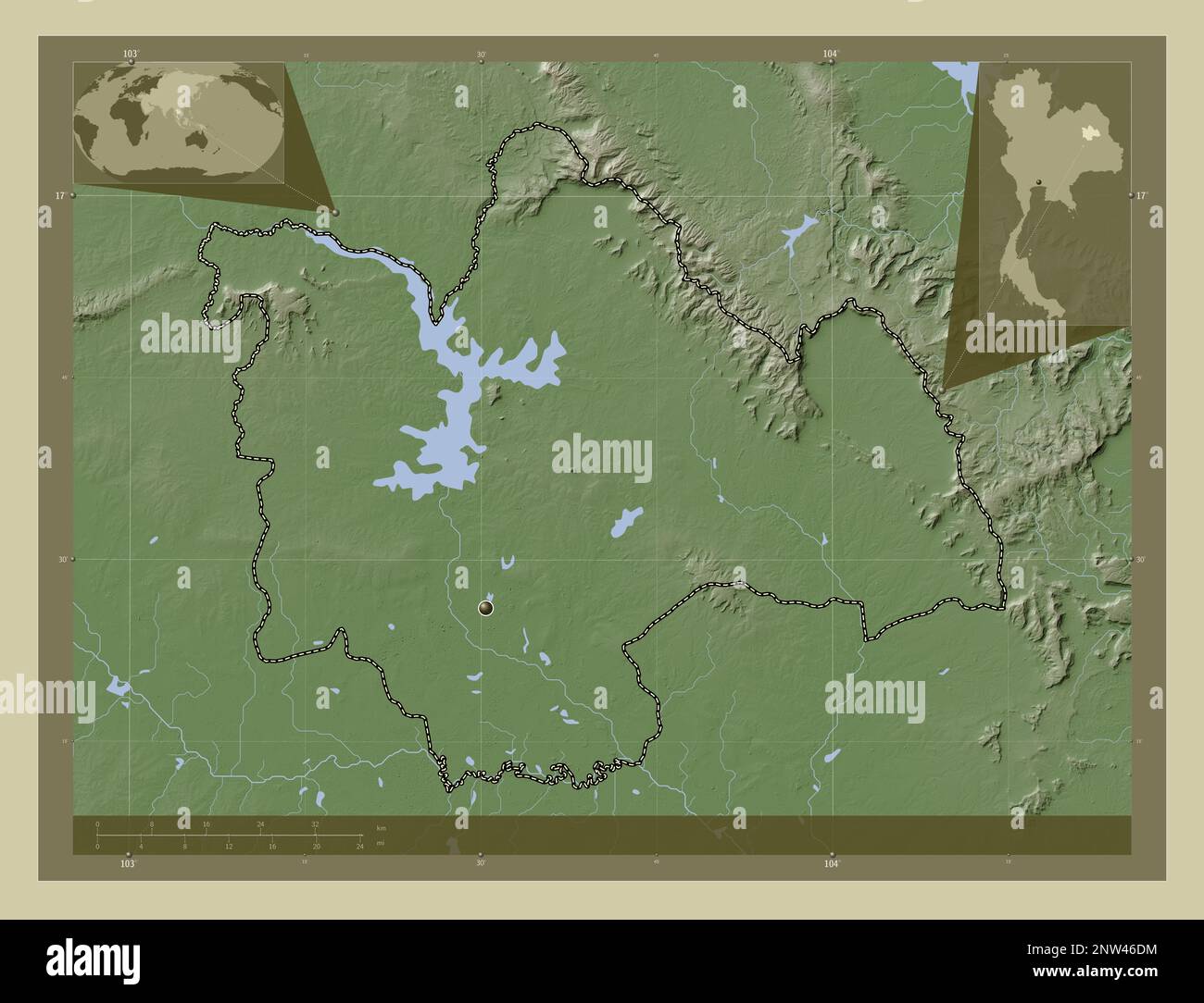 Kalasin, province of Thailand. Elevation map colored in wiki style with ...
