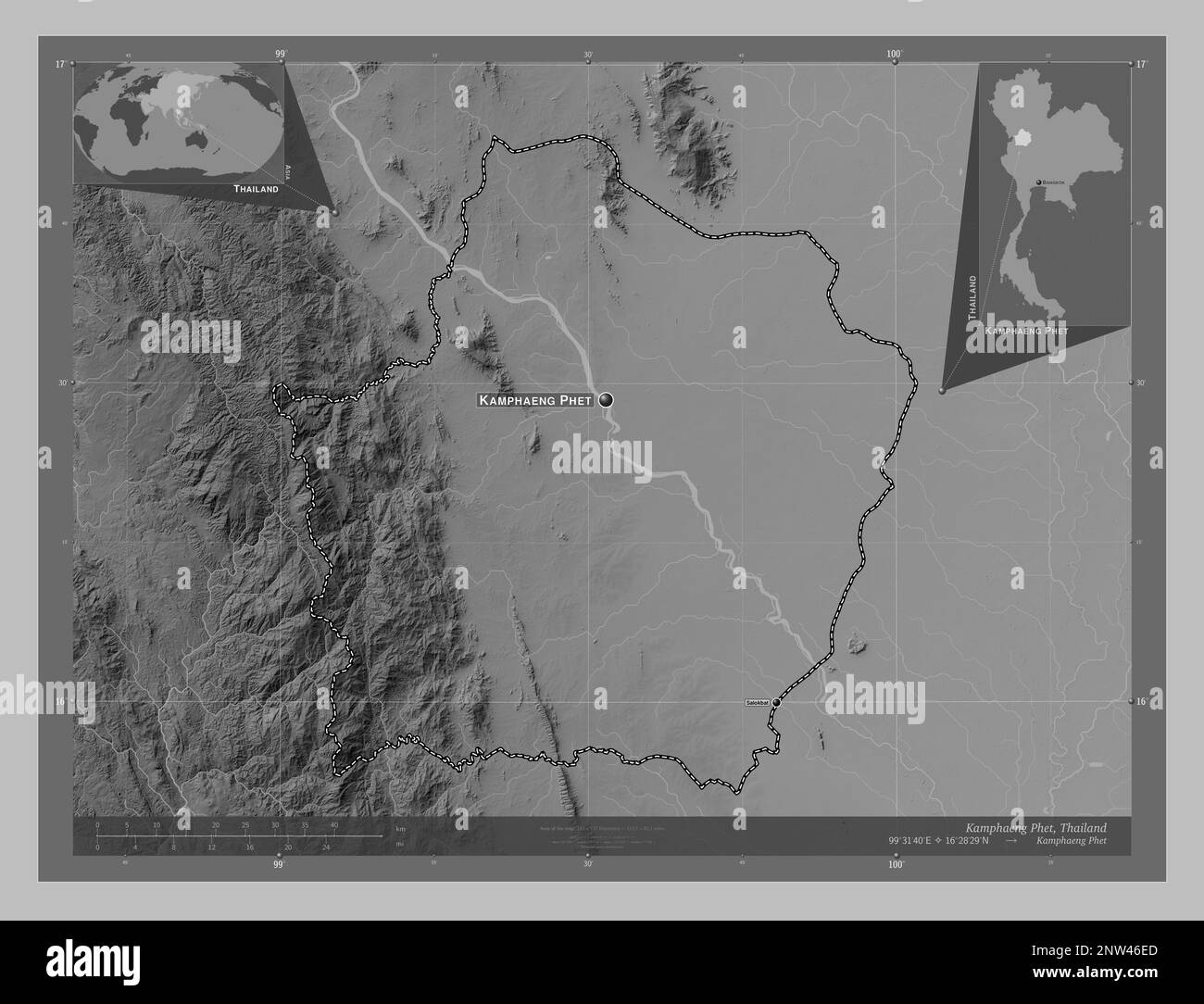 Kamphaeng Phet, province of Thailand. Grayscale elevation map with ...