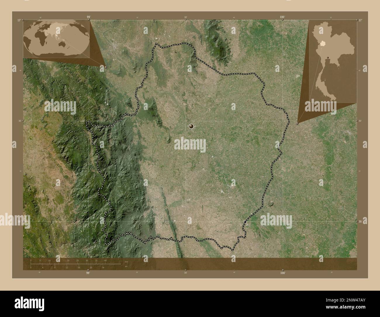 Kamphaeng Phet, province of Thailand. Low resolution satellite map. Locations of major cities of ...