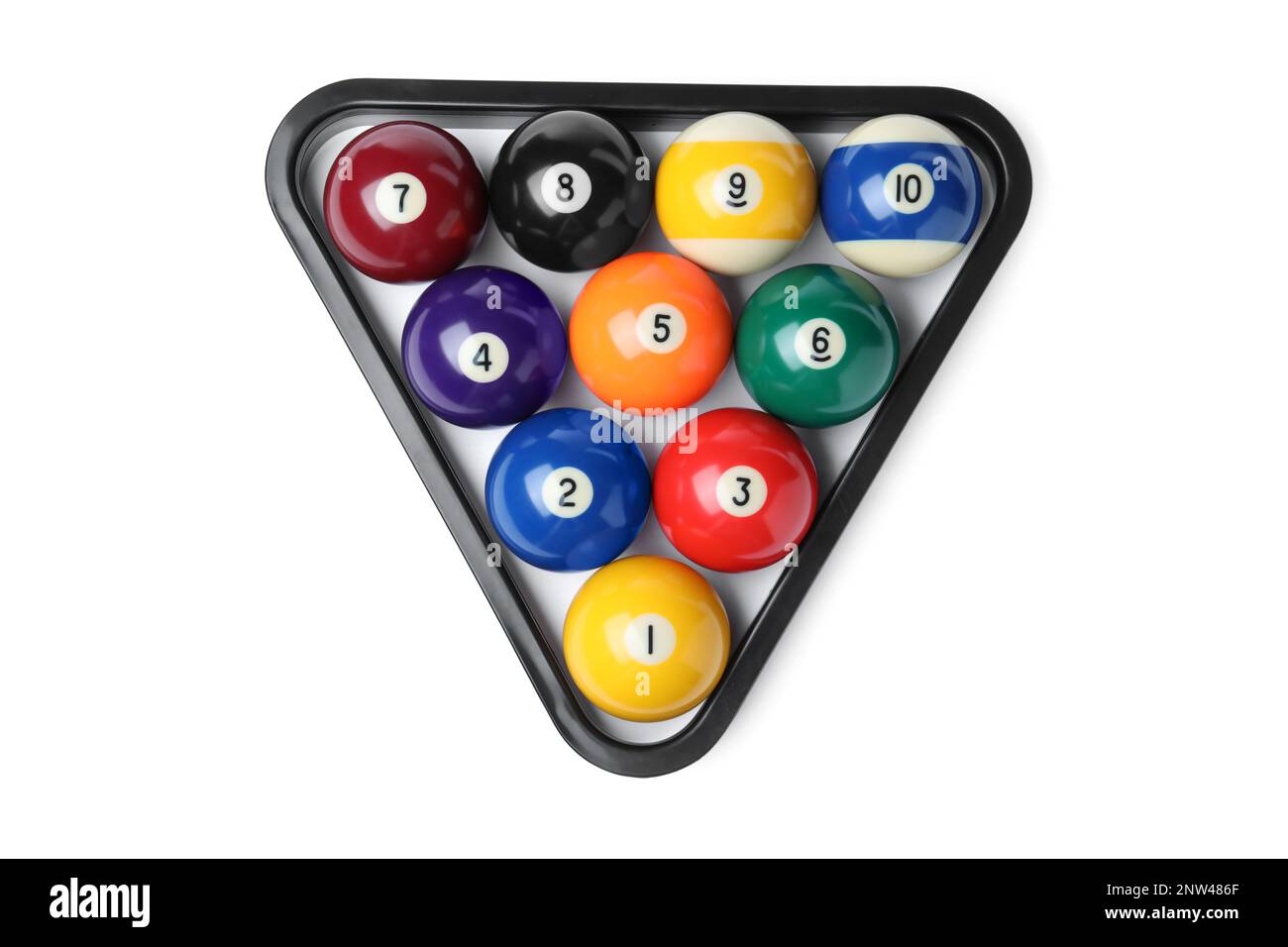 Plastic rack with billiard balls on white background, top view Stock ...
