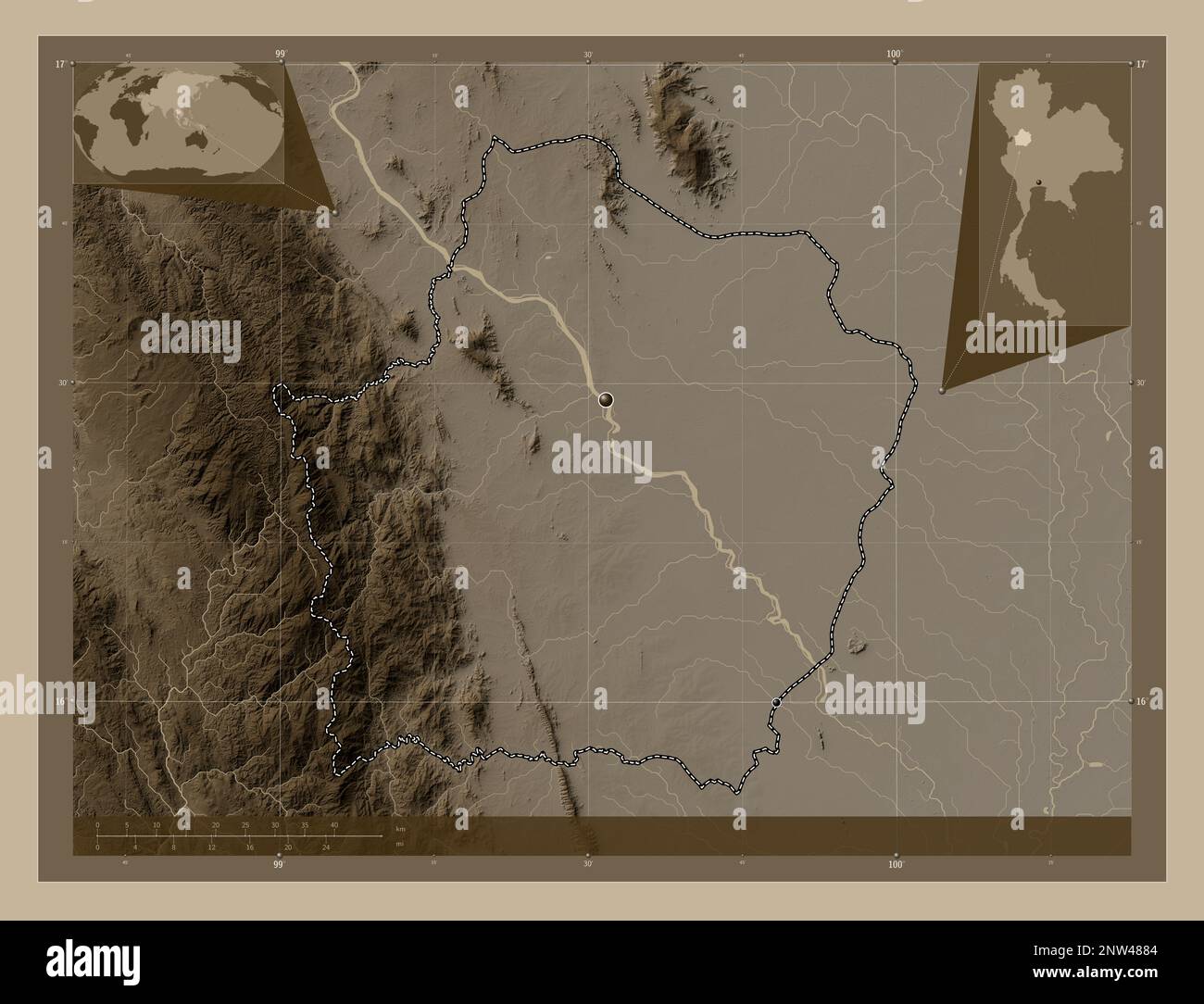 Kamphaeng Phet, province of Thailand. Elevation map colored in sepia ...
