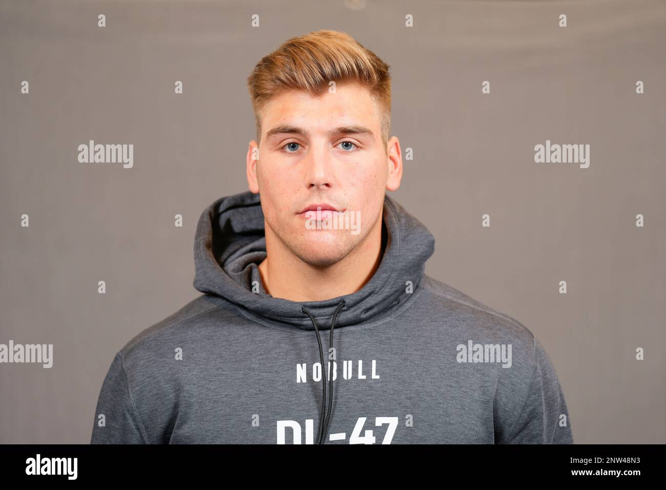 Iowa defensive lineman Lukas Van Ness poses for a portrait at the NFL ...