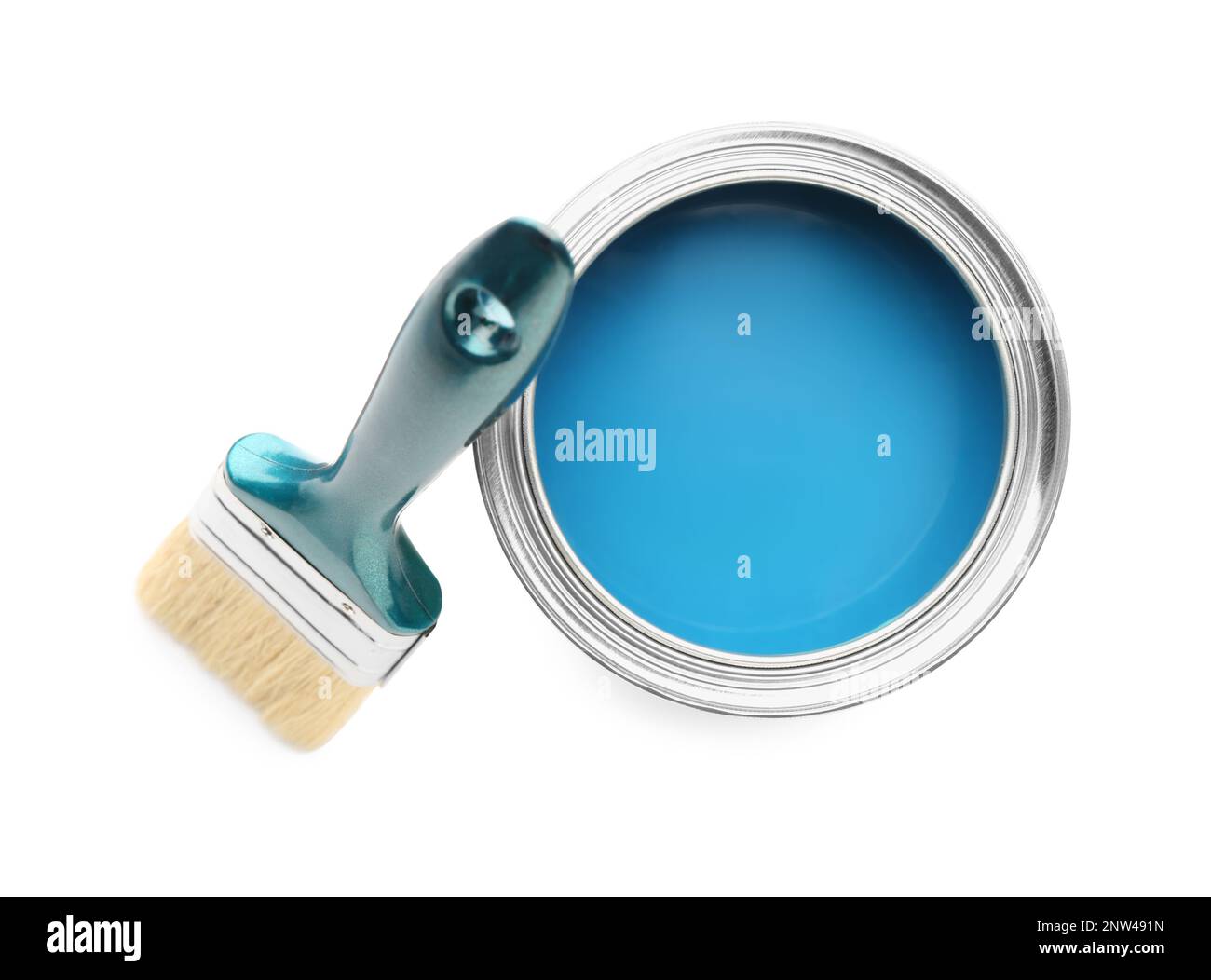 Can of blue paint and brush on white background, top view Stock Photo ...