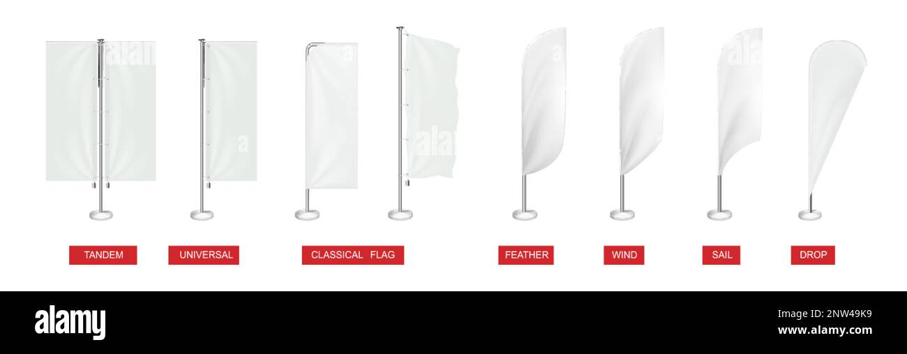 Various types of blank white advertising flags realistic set with ...