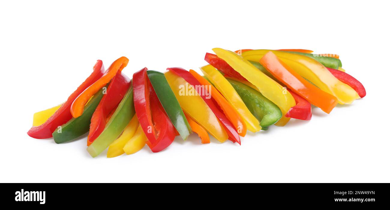 Colorful bell peppers cut in sticks on white background. Healthy ...
