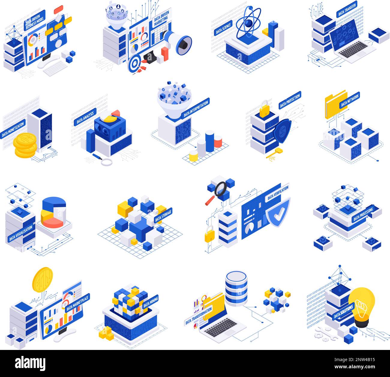 Data economy set with isolated icons and isometric conceptual images of ...