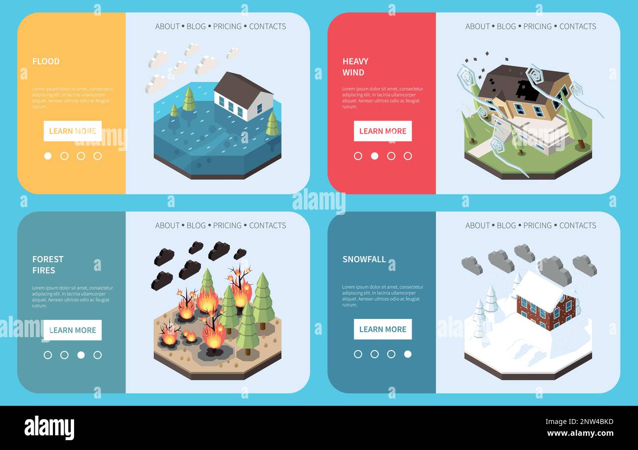 Natural disaster isometric banner set with flood and snowfall ...
