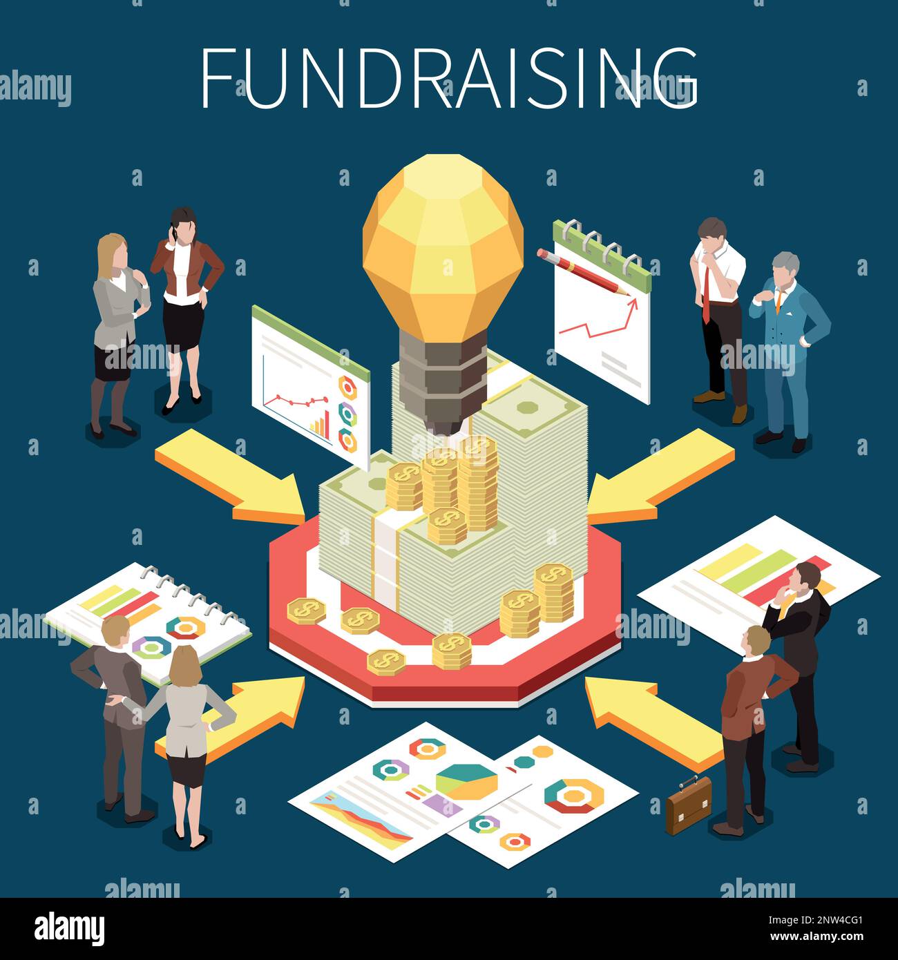Crowdfunding isometric concept with money fundraising and creative ...