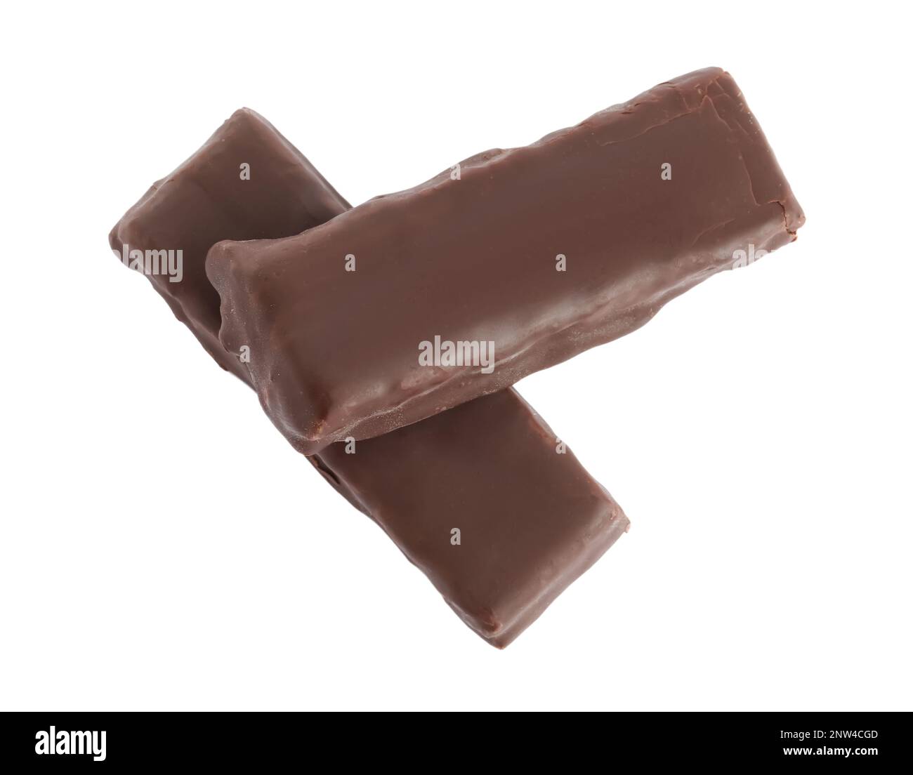 Tasty chocolate glazed protein bars on white background, top view ...