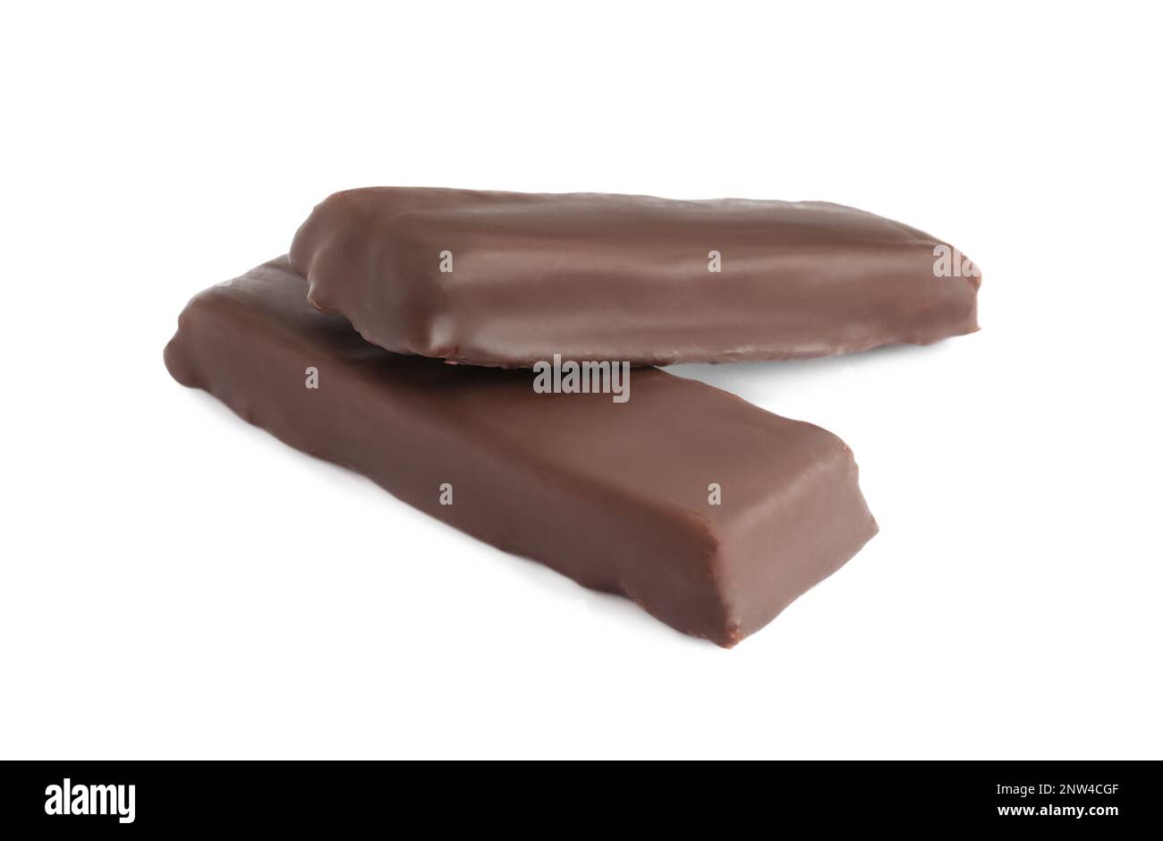 Tasty chocolate glazed protein bars on white background. Healthy snack ...