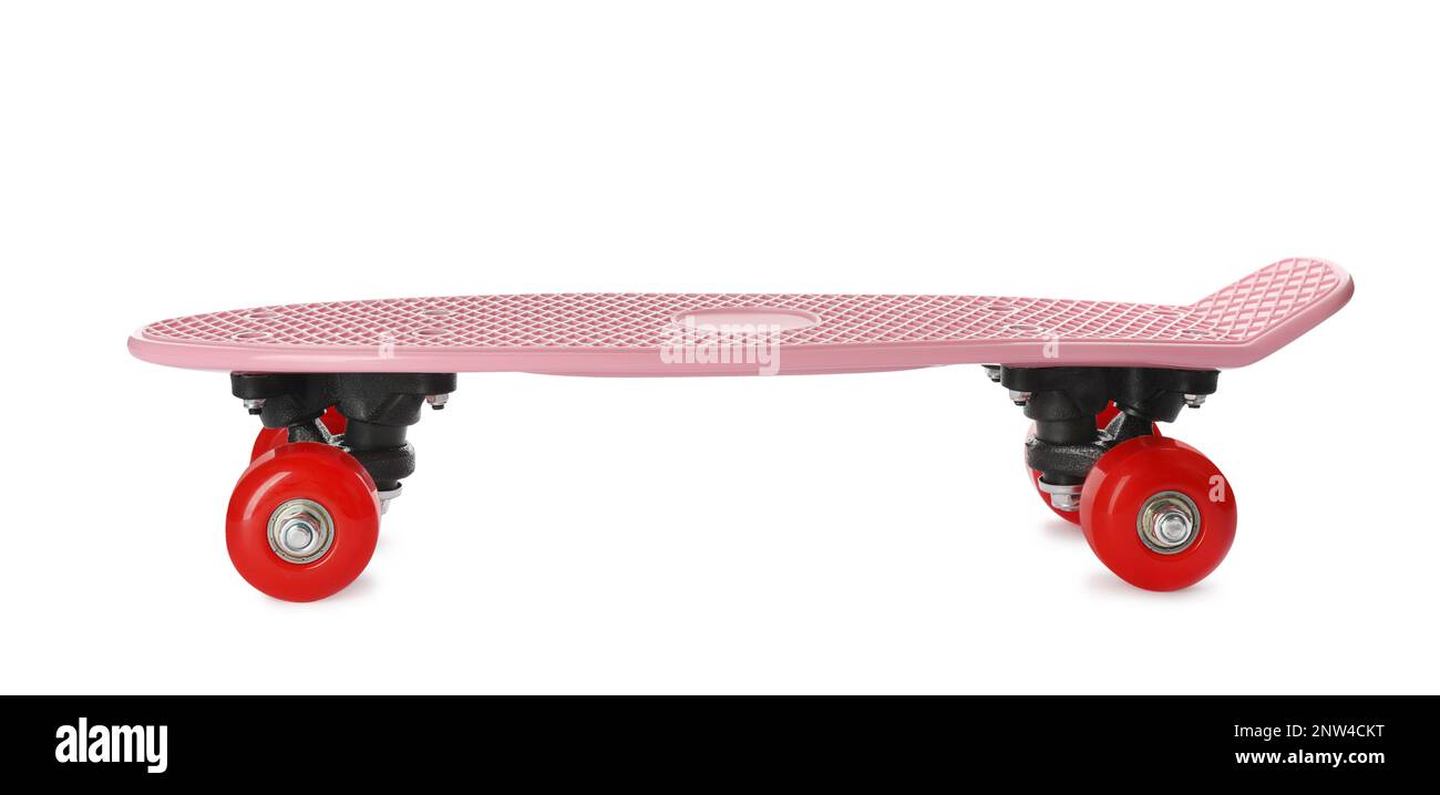 Pink skateboard with red wheels isolated on white. Sport equipment ...