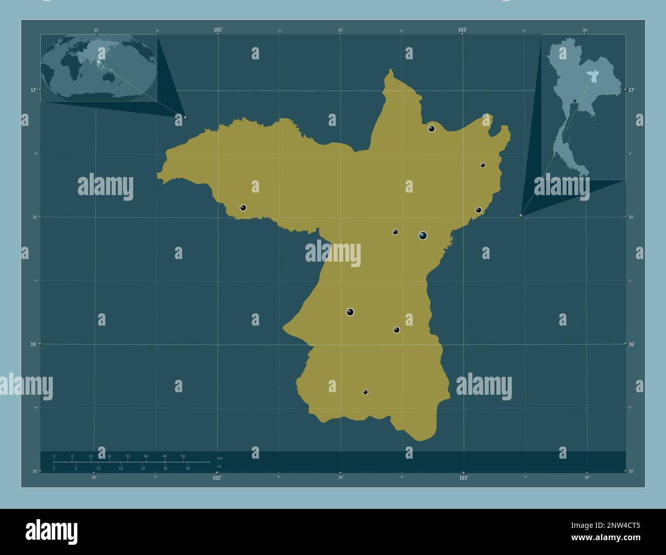 Khon Kaen, province of Thailand. Solid color shape. Locations of major ...