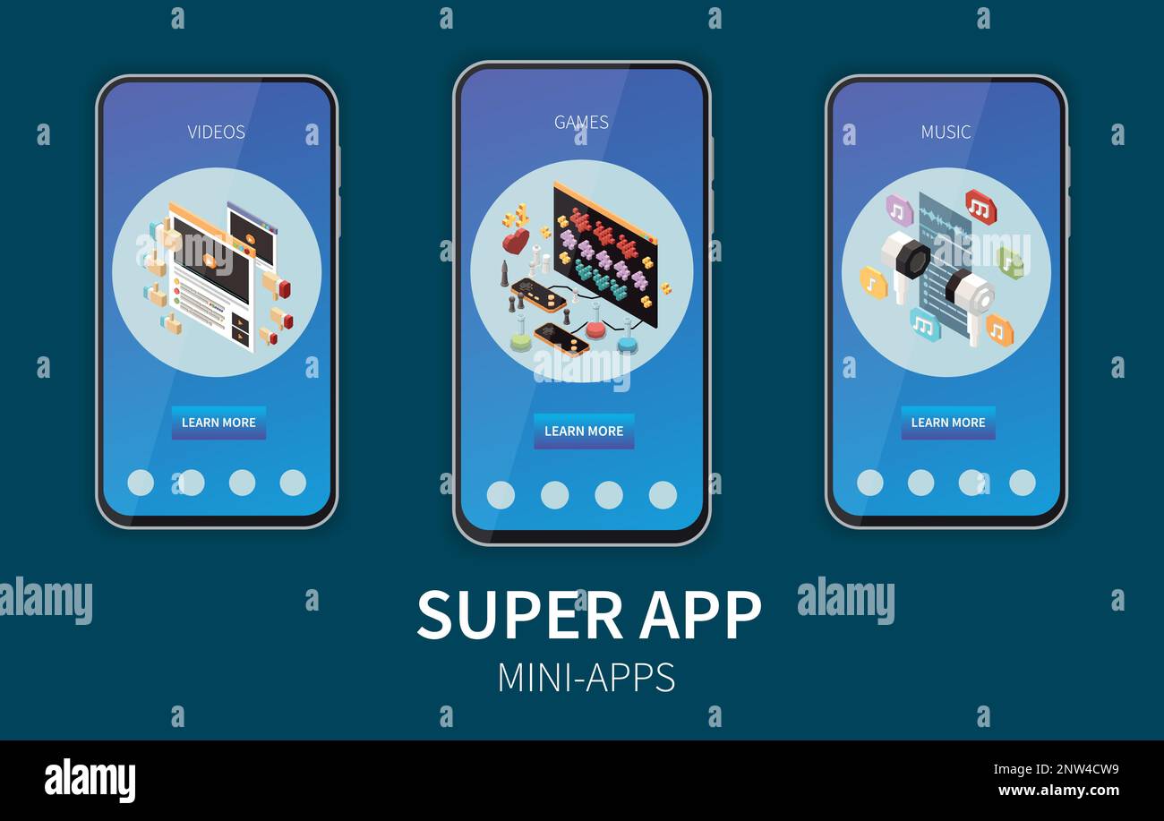 Superapp isometric set with mobile phone and application icons vector ...