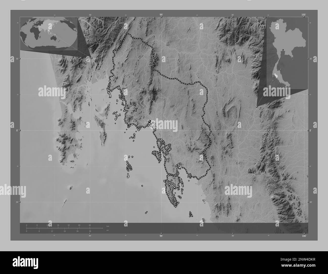 Krabi, province of Thailand. Grayscale elevation map with lakes and ...
