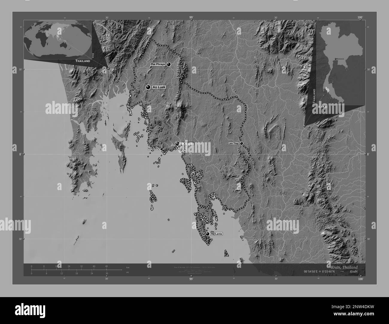 Krabi, province of Thailand. Bilevel elevation map with lakes and ...