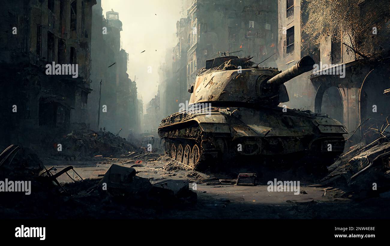 Tank rolling in a war zone. Destroyed building in the background Stock ...