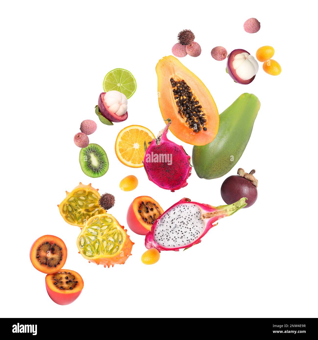 Different tasty exotic fruits flying on white background Stock Photo ...