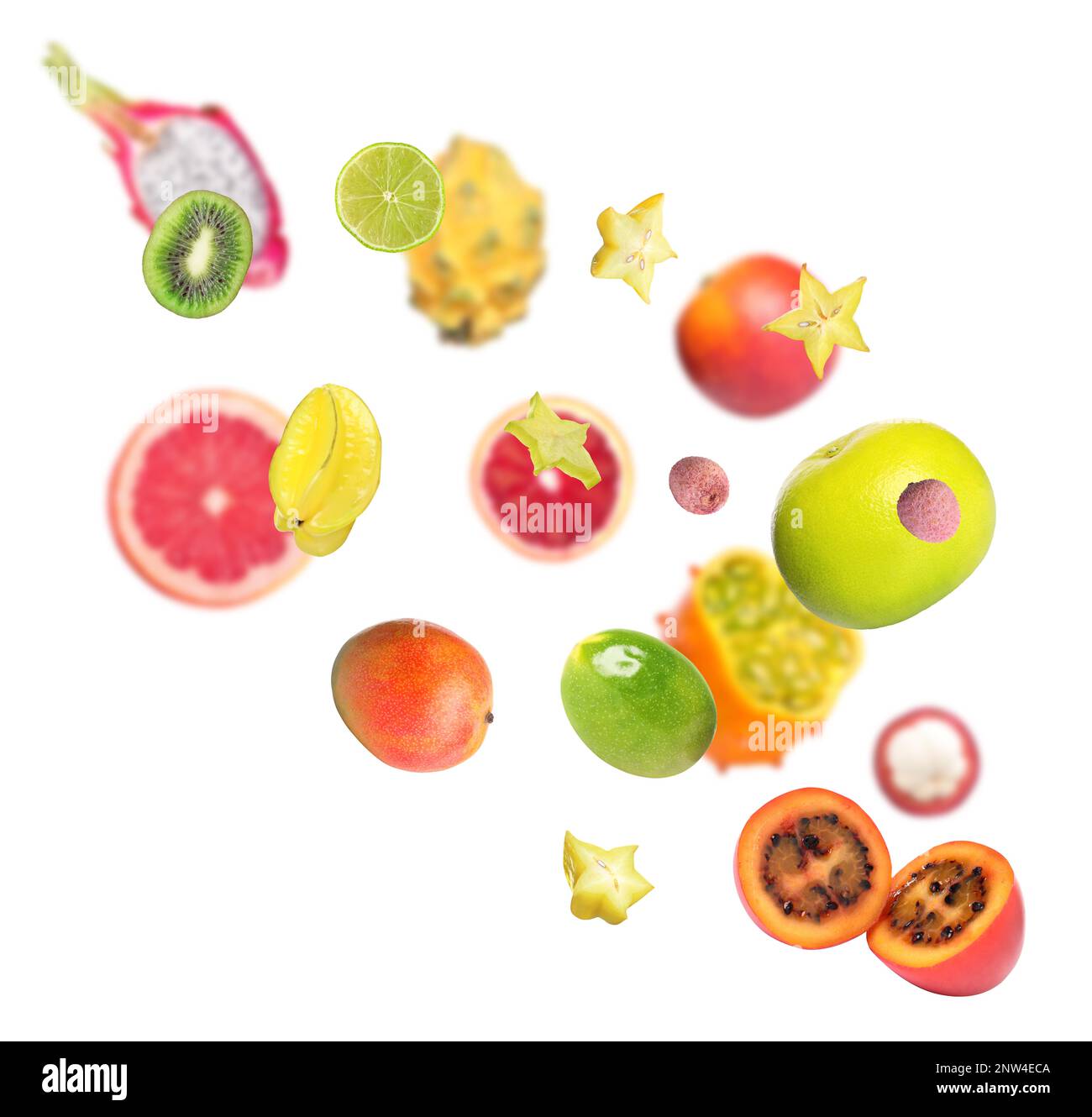 Different tasty exotic fruits flying on white background Stock Photo ...