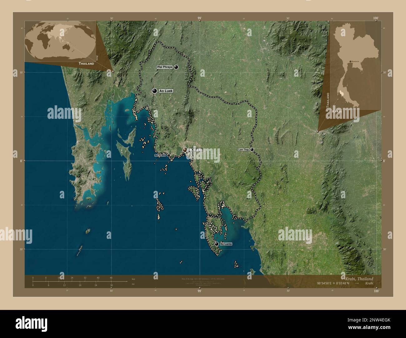 Krabi, province of Thailand. Low resolution satellite map. Locations ...