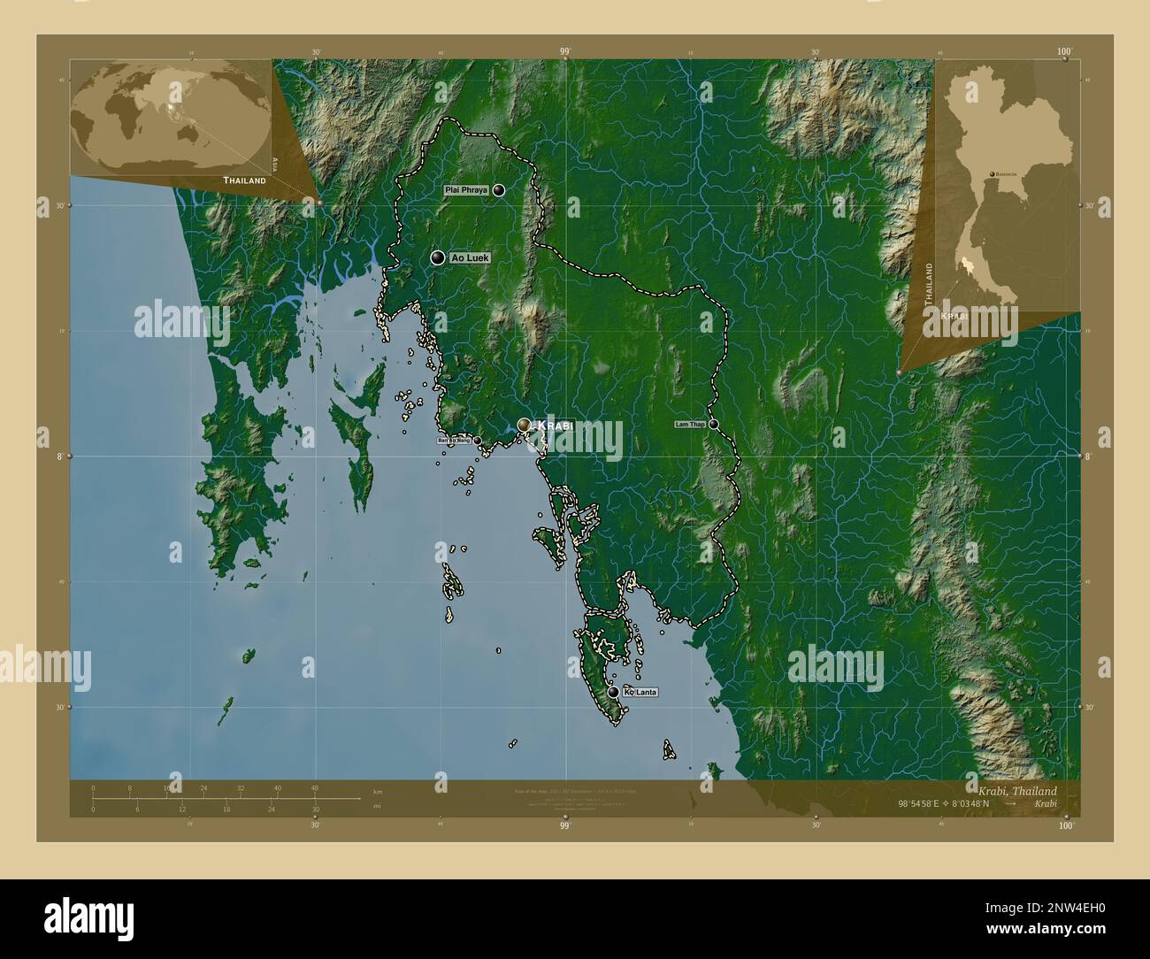 Krabi, province of Thailand. Colored elevation map with lakes and ...