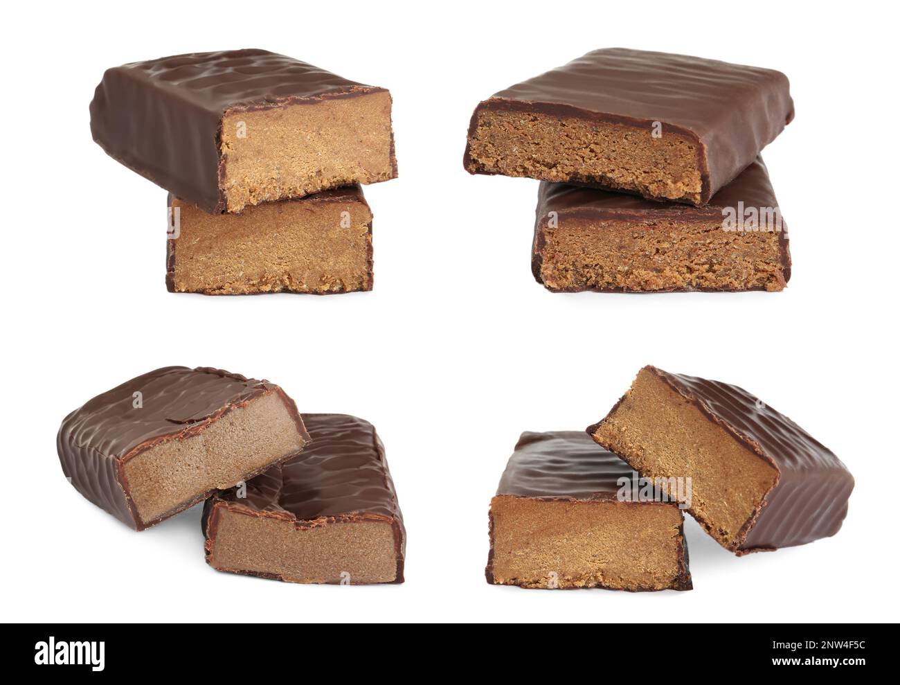 Set with delicious protein bars on white background Stock Photo - Alamy