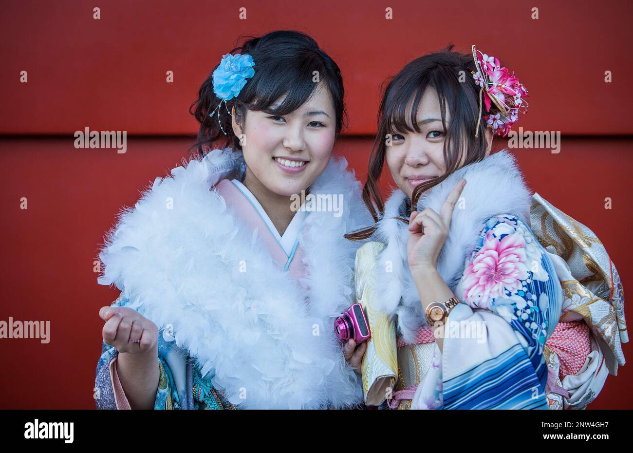Women in furisode kimono, Seijin no hi day, celebration of the coming ...