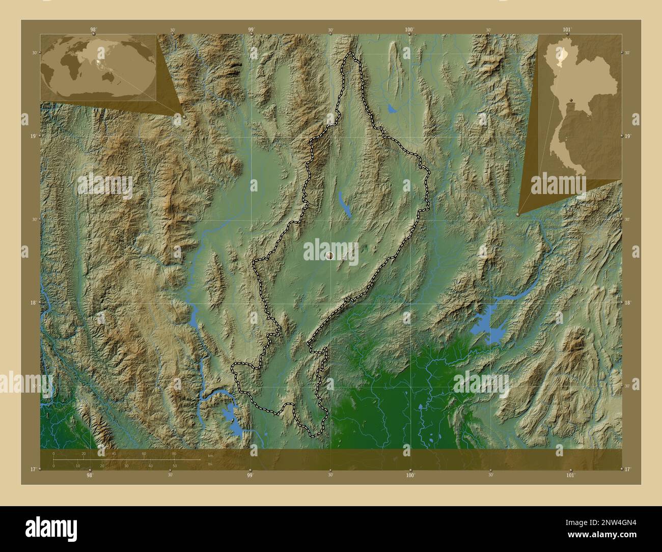 Lampang, province of Thailand. Colored elevation map with lakes and ...