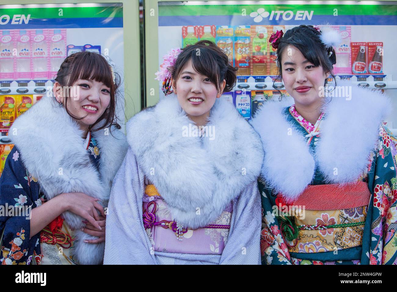 Women in furisode kimono, Seijin no hi day, celebration of the coming ...