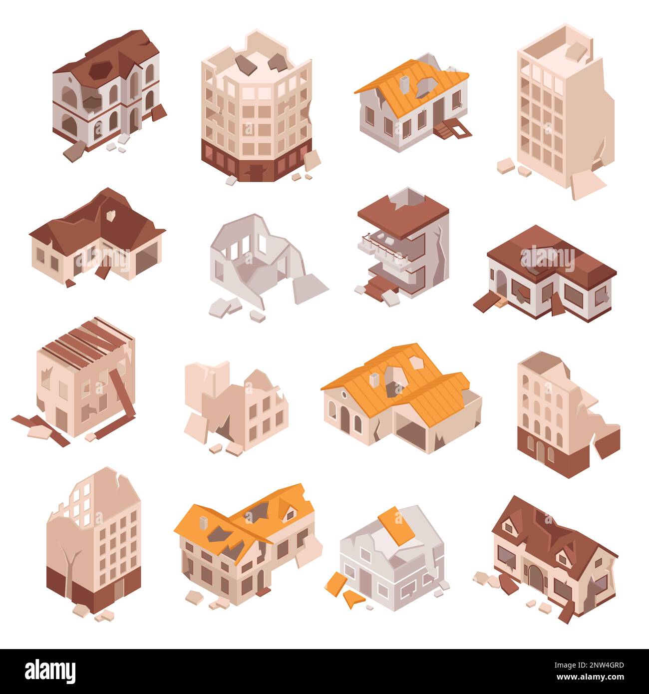 Isometric set of multi storey broken and ruined city buildings after earthquake or war isolated ...
