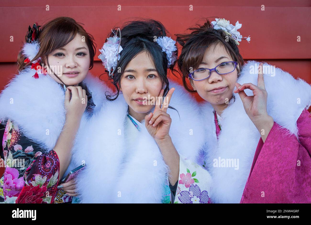 Women in furisode kimono, Seijin no hi day, celebration of the coming ...