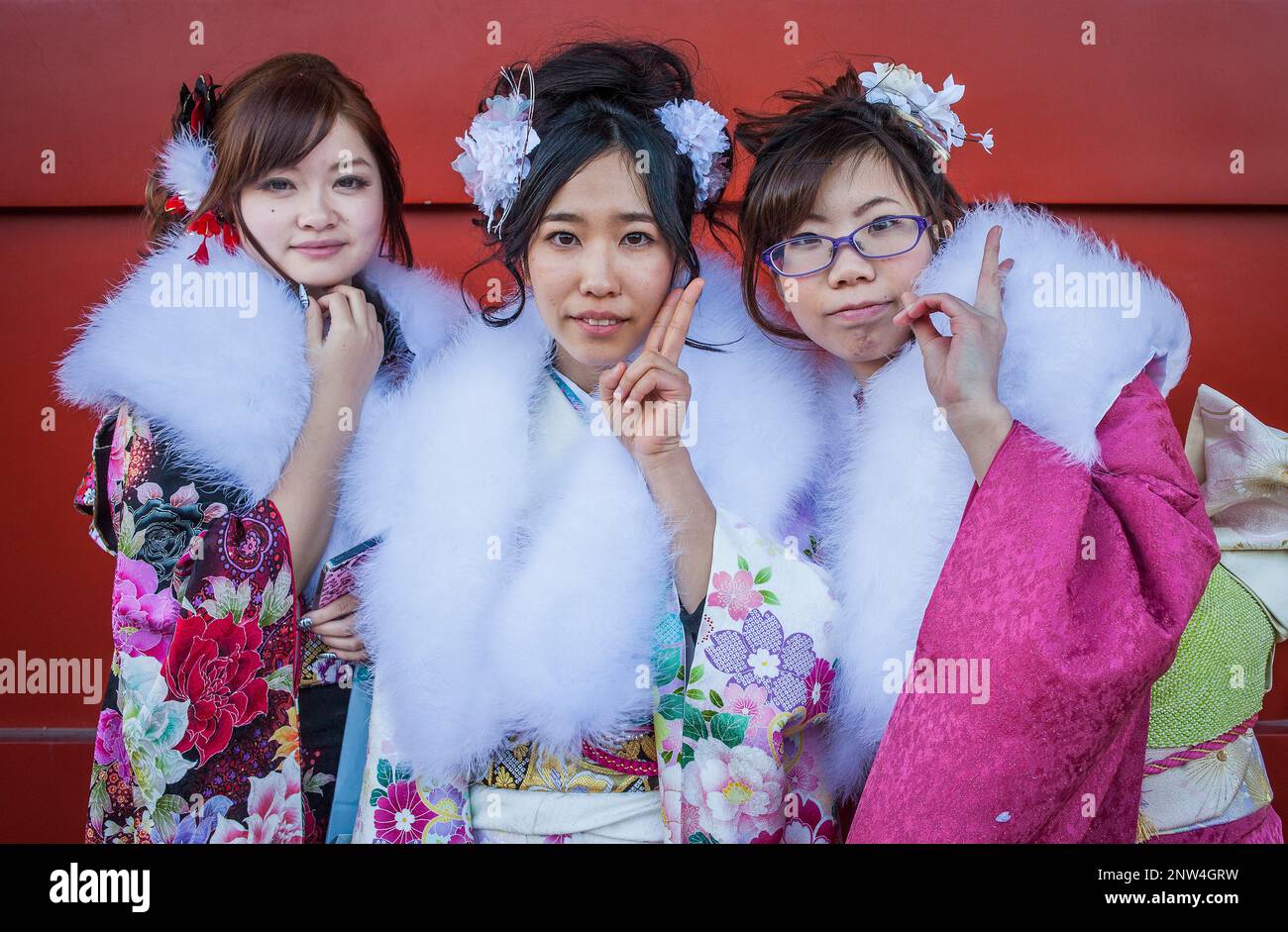 Women in furisode kimono, Seijin no hi day, celebration of the coming ...