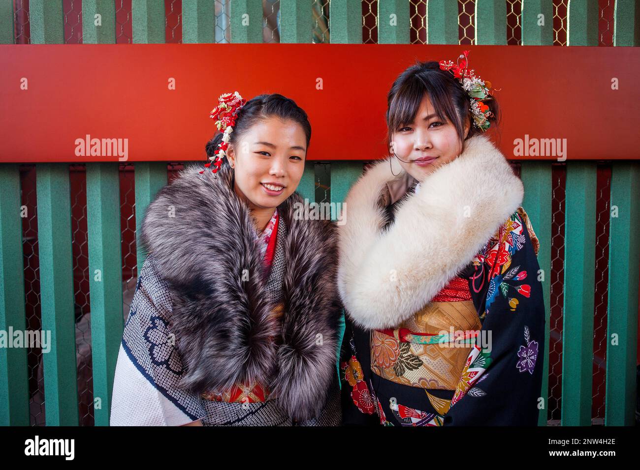 Women in furisode kimono, Seijin no hi day, celebration of the coming ...
