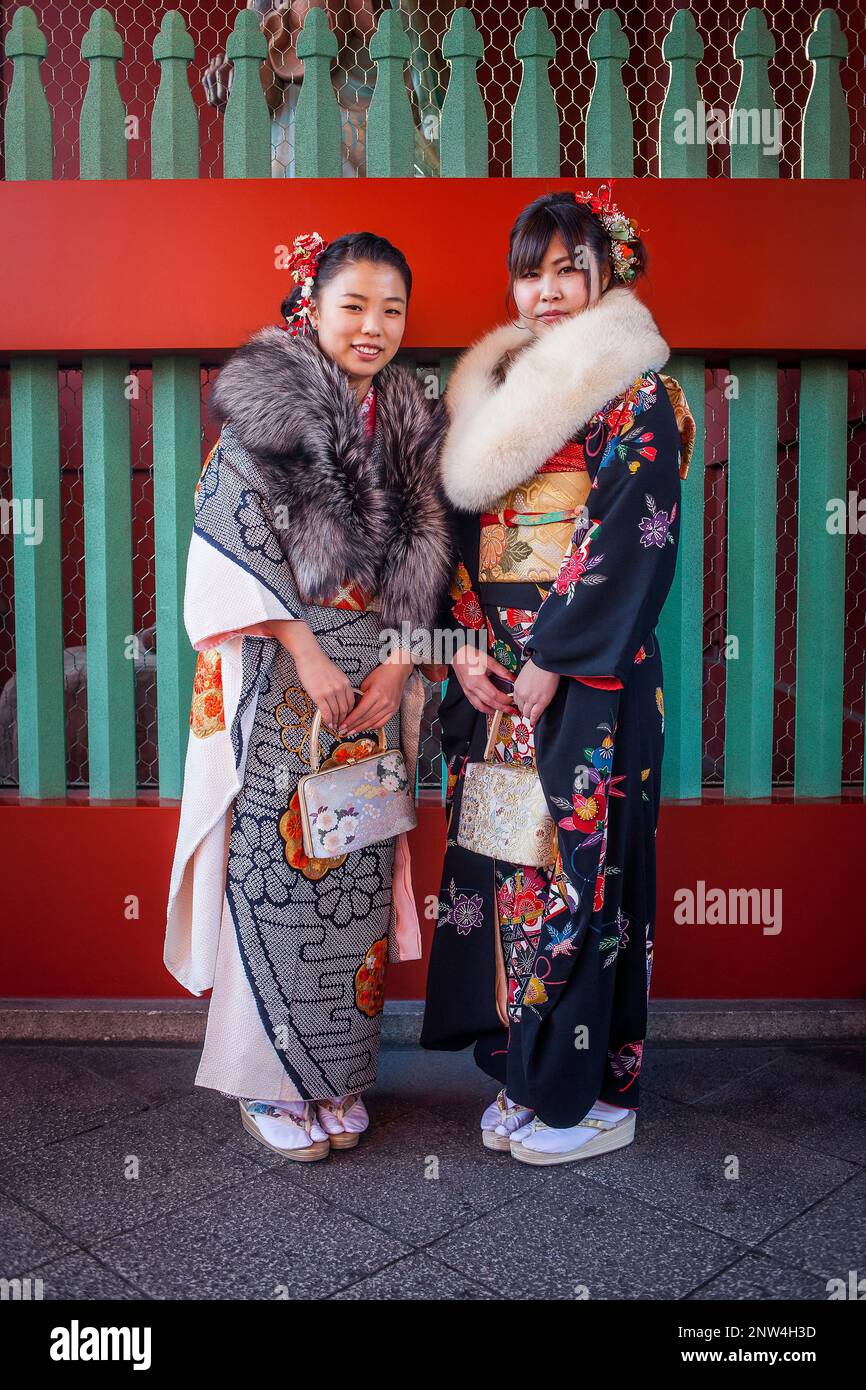 Women in furisode kimono, Seijin no hi day, celebration of the coming ...