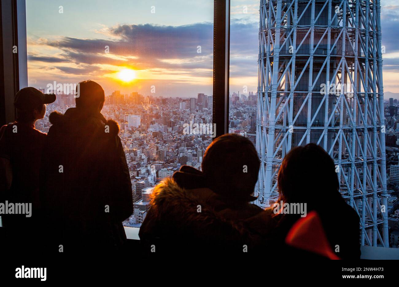 Sunset, detail of Skytree tower and northern skyline of the city, Tokyo ...