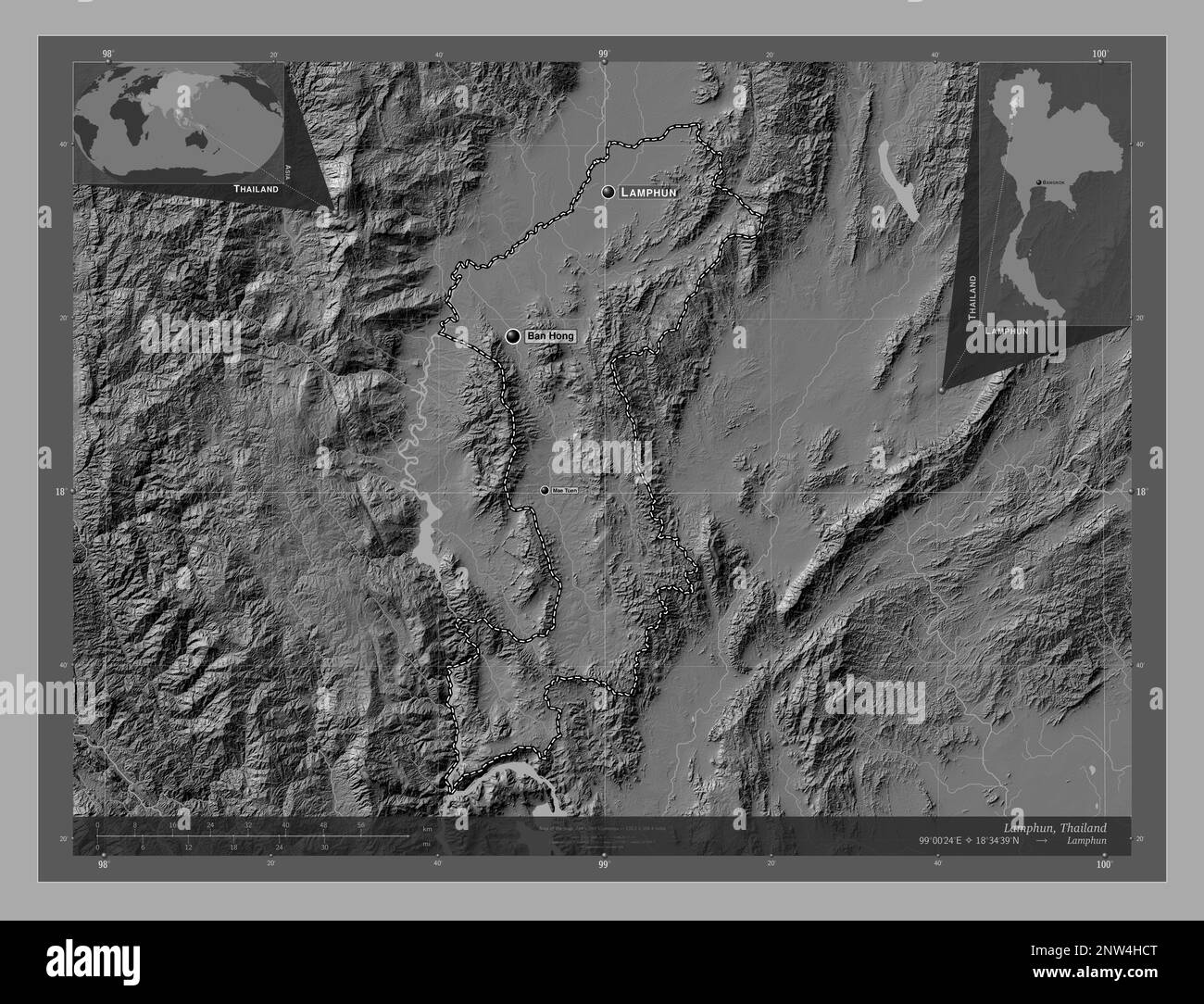 Lamphun, province of Thailand. Bilevel elevation map with lakes and ...