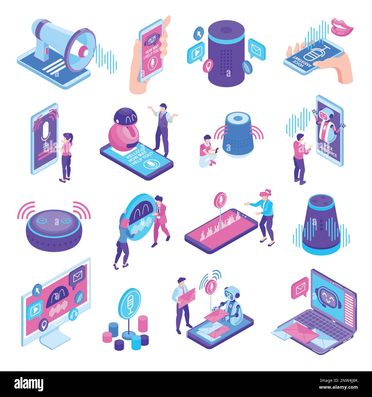 Voice assistant isometric set of different devices helping to solve problems and answering ...