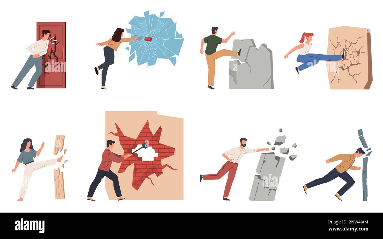 People destroying walls. Employees and businessmen overcome obstacles ...