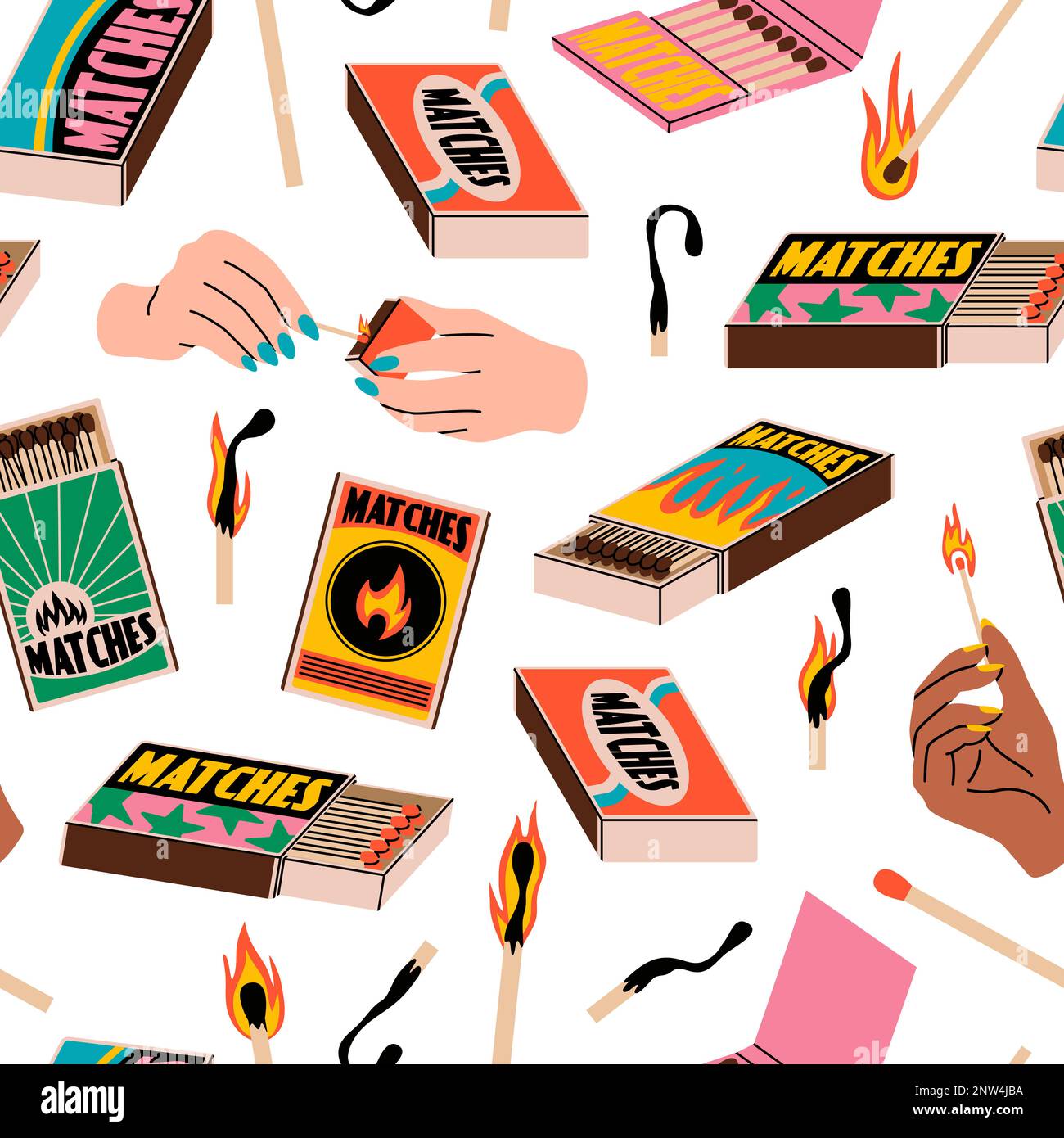 Flaming matches seamless pattern. Hands strike spark about boxes ...