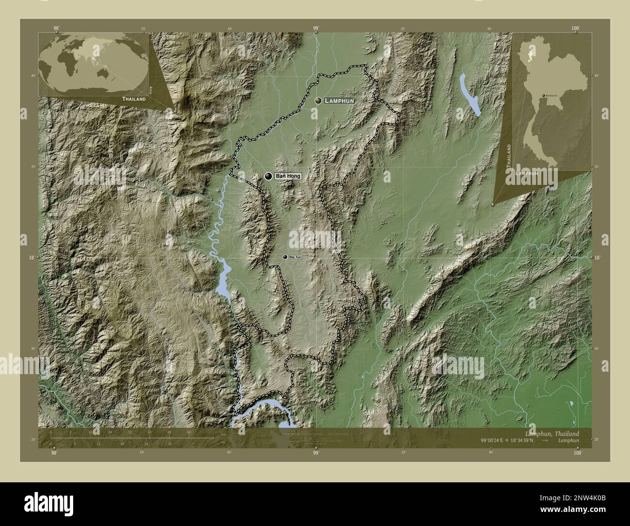 Lamphun, province of Thailand. Elevation map colored in wiki style with ...