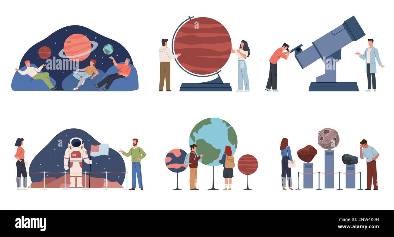 People in planetarium. Visitors at space museum, adults and kids study ...
