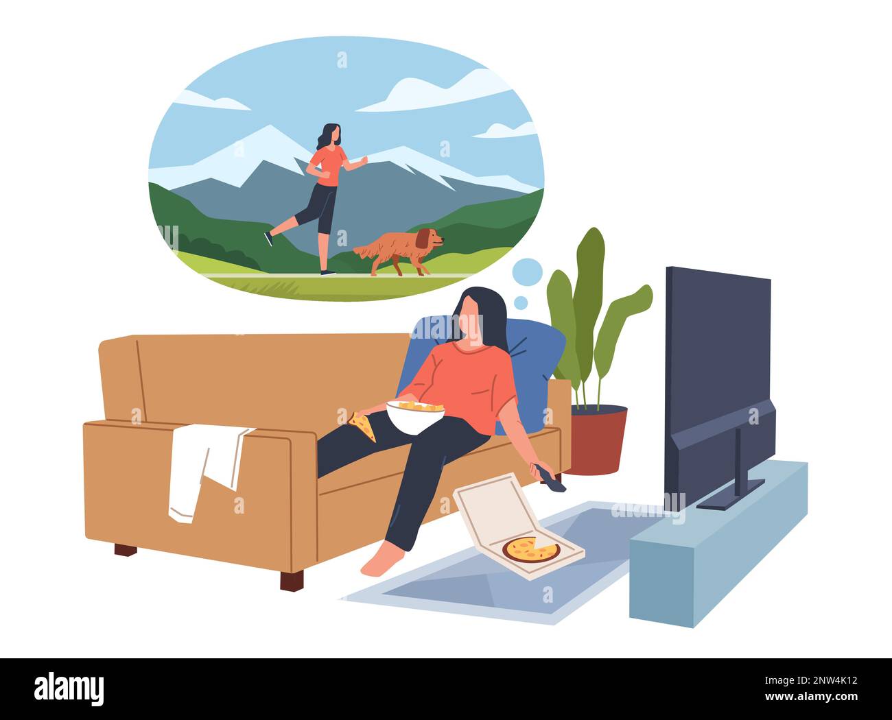 Lazy woman dreams. Female overweight character lying on sofa, eating ...