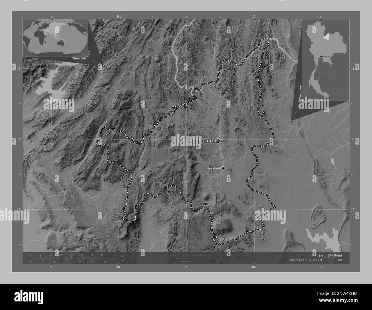 Loei, province of Thailand. Grayscale elevation map with lakes and ...