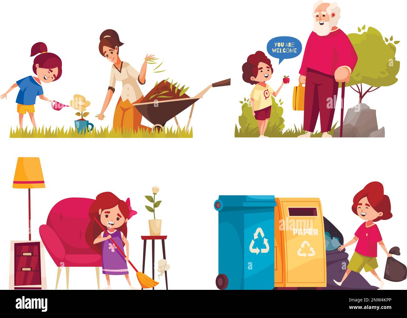 Well-behaved children icons set with kids helping parents in garden and ...