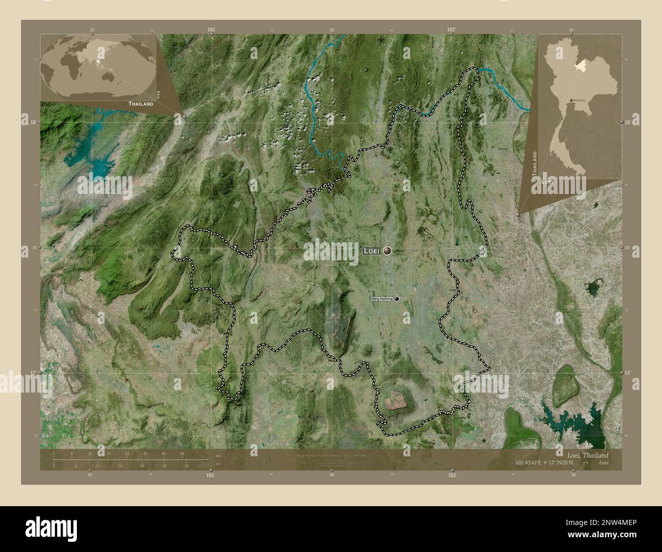 Loei, province of Thailand. High resolution satellite map. Locations ...