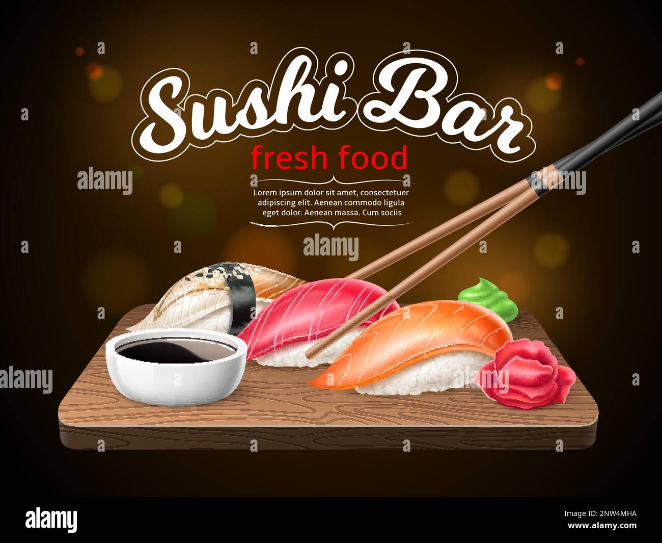 Sushi bar poster. Realistic sushi, japanese traditional food, boiled ...