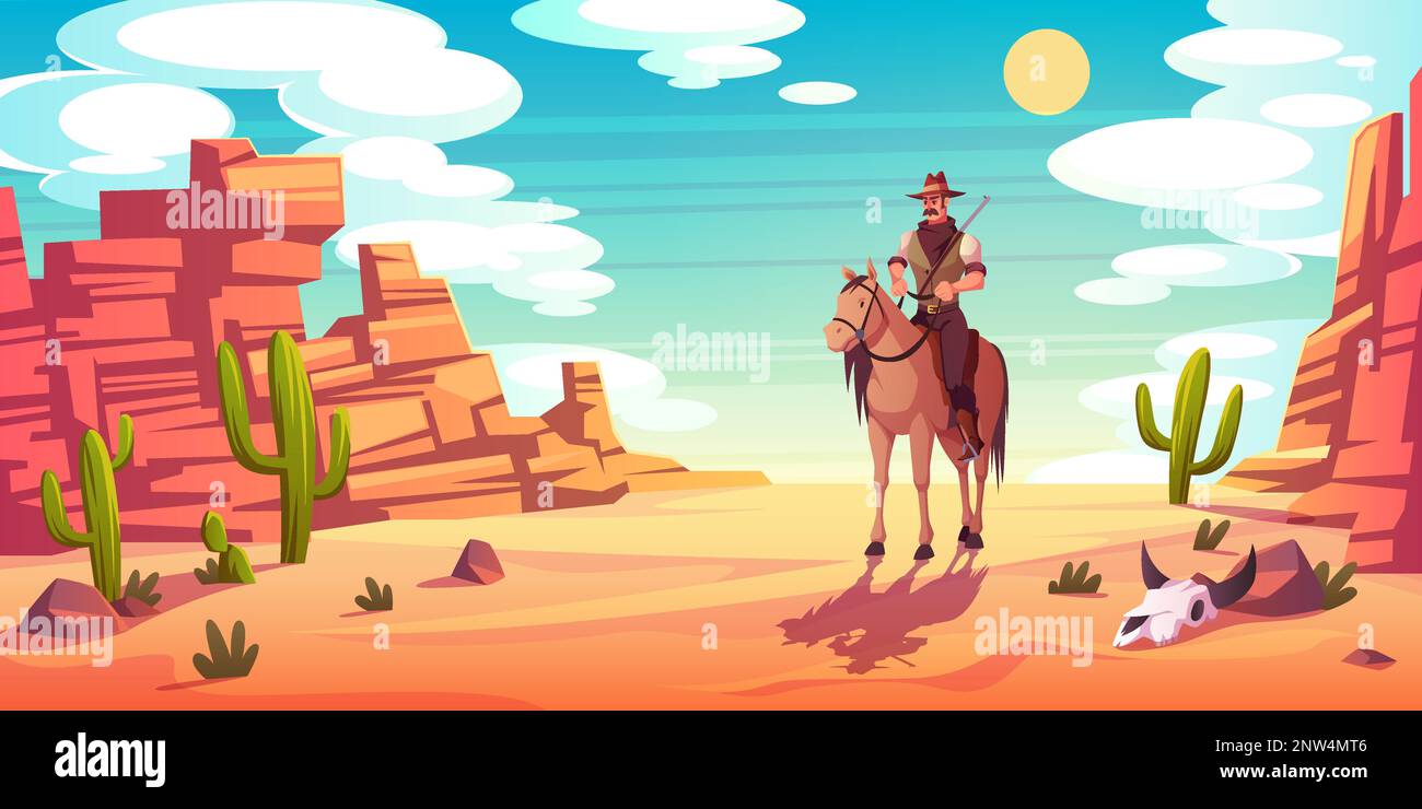 Western background. Cartoon texas cowboy character, horseman at desert canyon, wild west ...