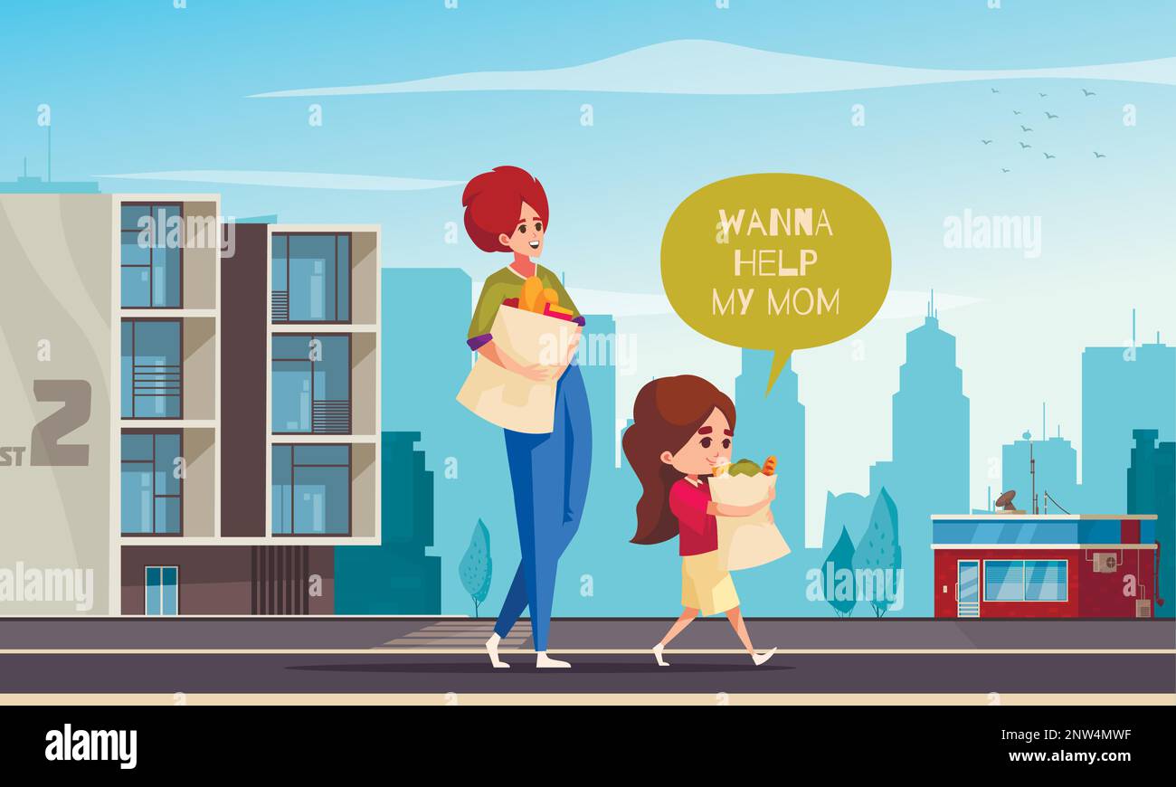 Well-behaved children cartoon with kid helping with groceries vector ...