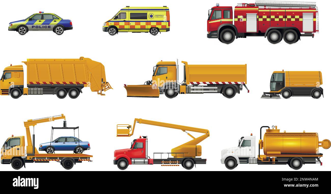 Municipal vehicles set with tow truck and ambulance realistic isolated ...