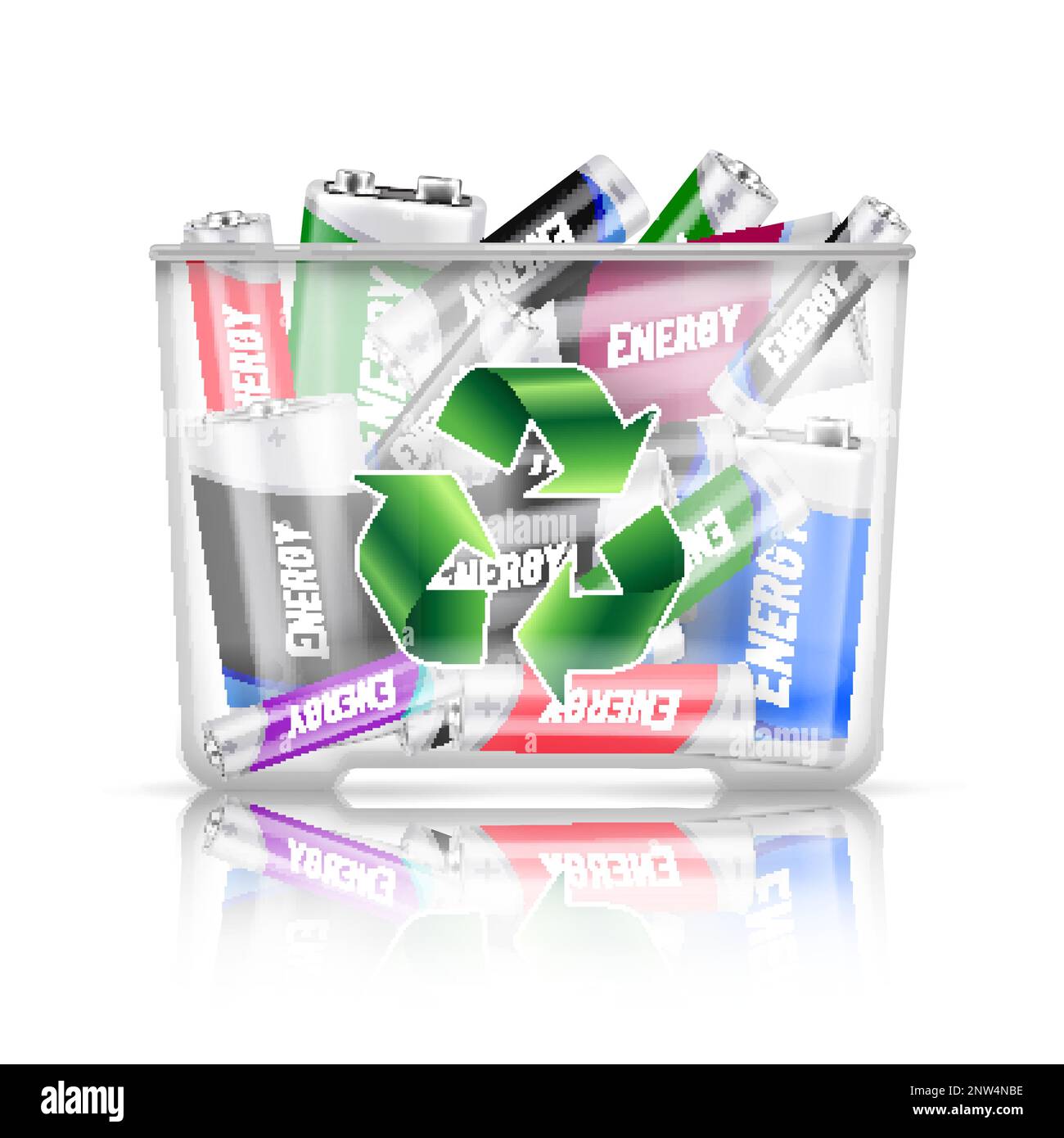 Used batteries in transparent container with green recycling symbol ...